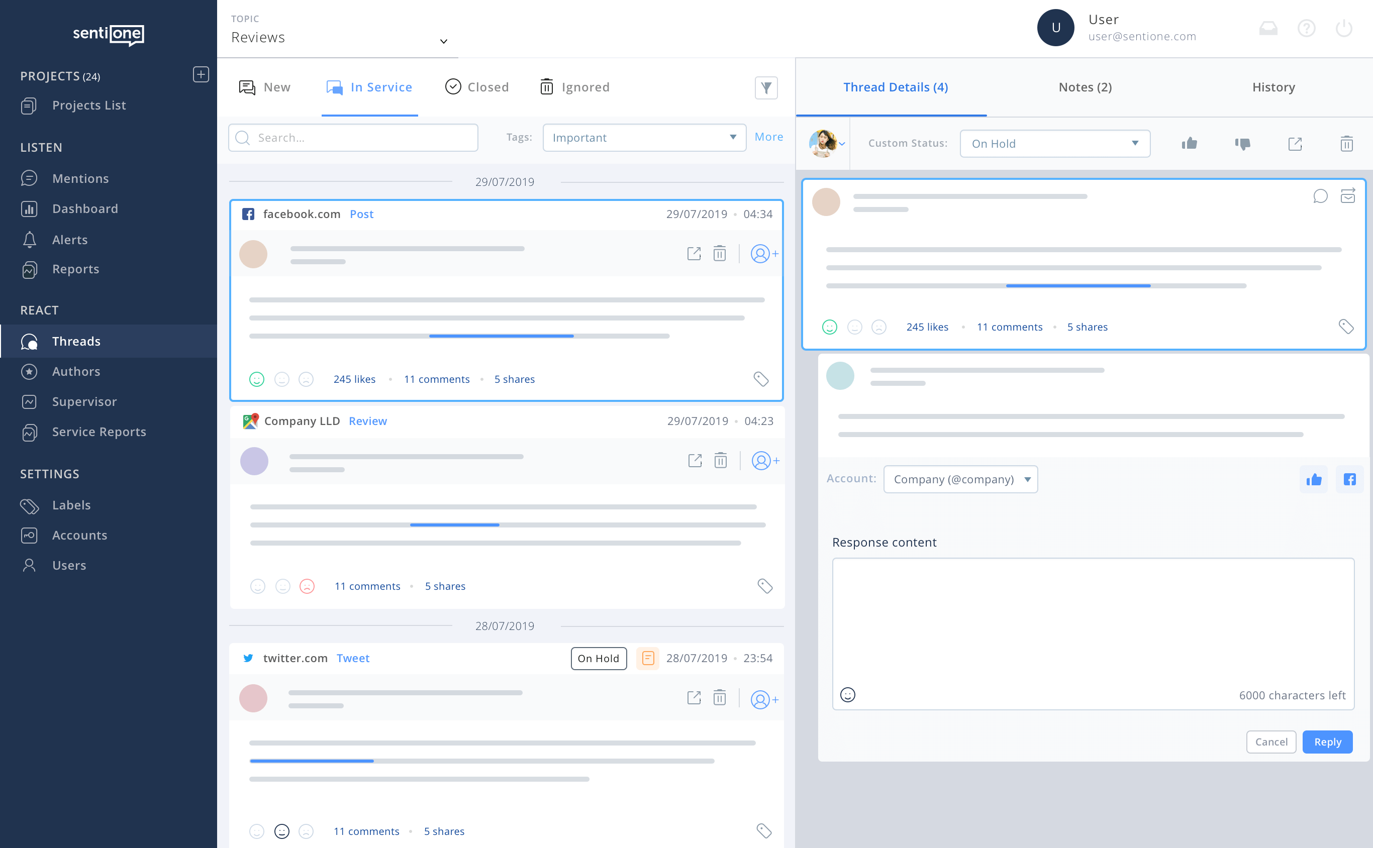 Customer service tool, customer experience platform - SentiOne React